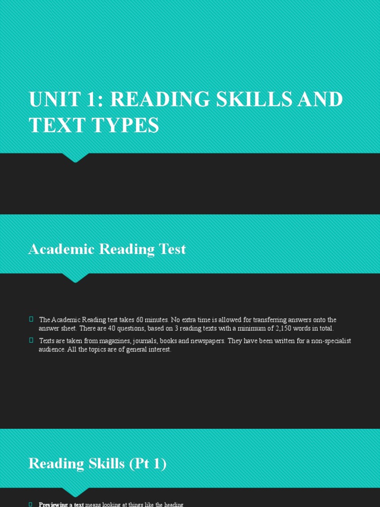 Unit 1: Reading Skills and Text Types | PDF | Speed Reading | Cognition
