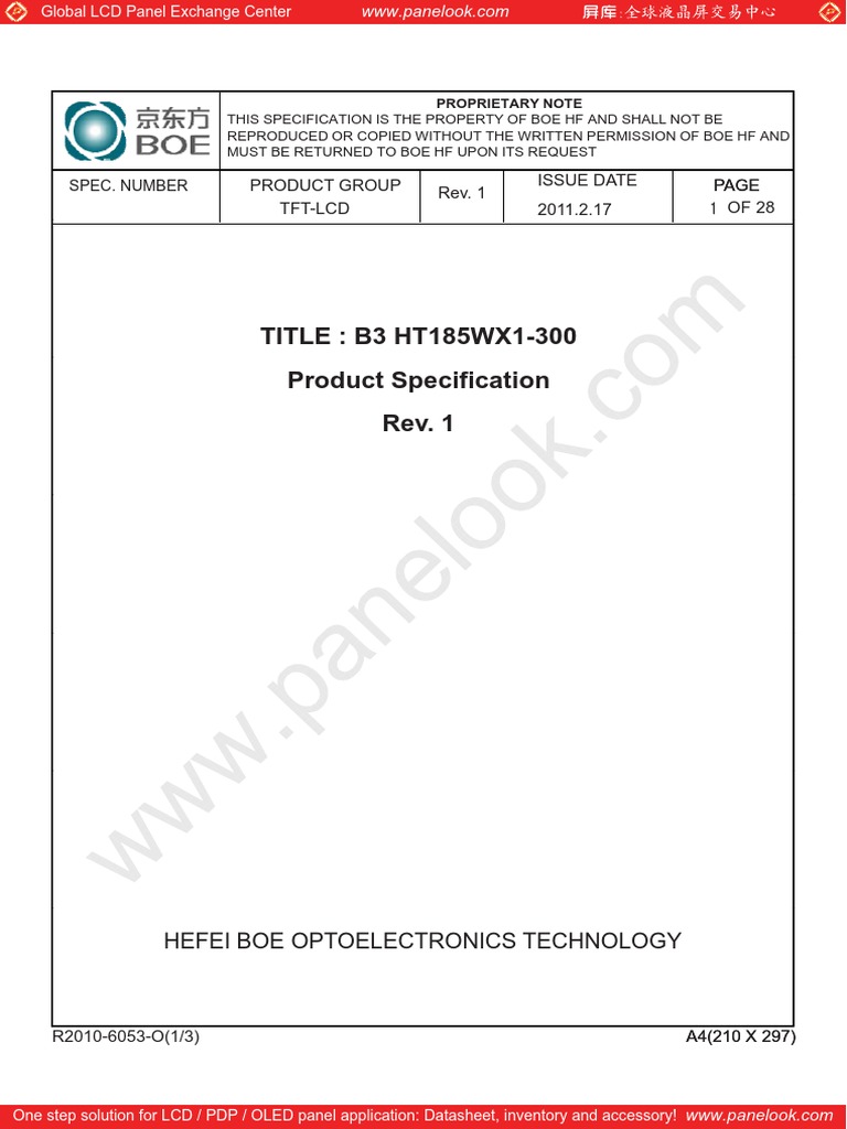 TITLE: B3 HT185WX1-300 Product Specification Rev. 1: Hefei Boe ...