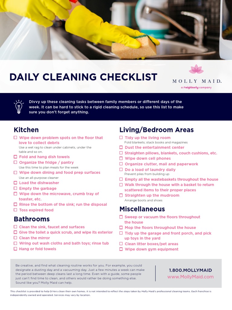 Daily Cleaning Checklist: Kitchen Living/Bedroom Areas | PDF | Home ...