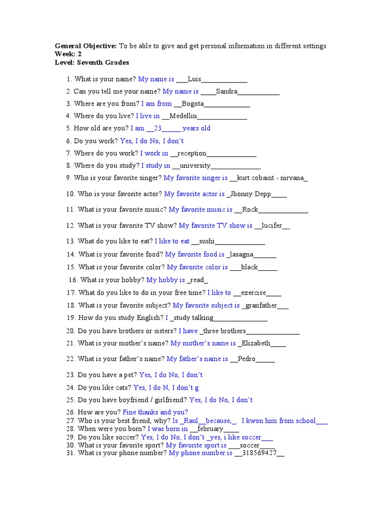 Personal Information Questions | PDF | Self-Improvement | Wellness