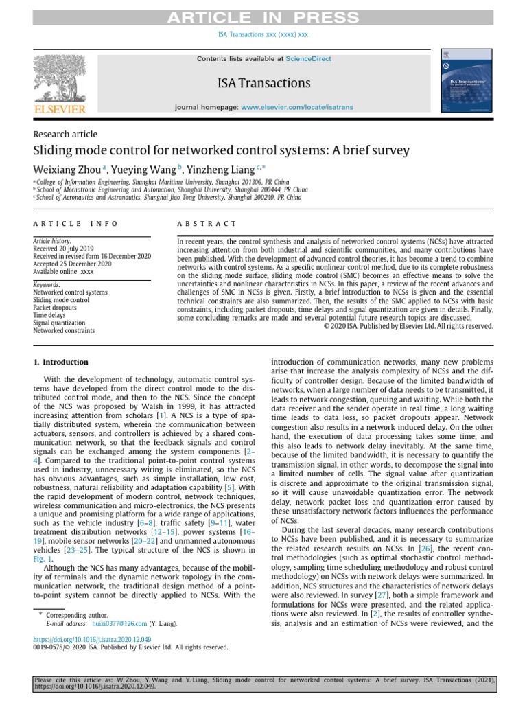 Sliding Mode Control For Networked Control Systems - A Brief Survey ... Sliding Mode Control For Networked Control Systems - A Brief Survey ...