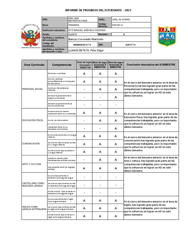Informe de Progreso Del Estudiante 2021 | PDF | Segundo lenguaje ...