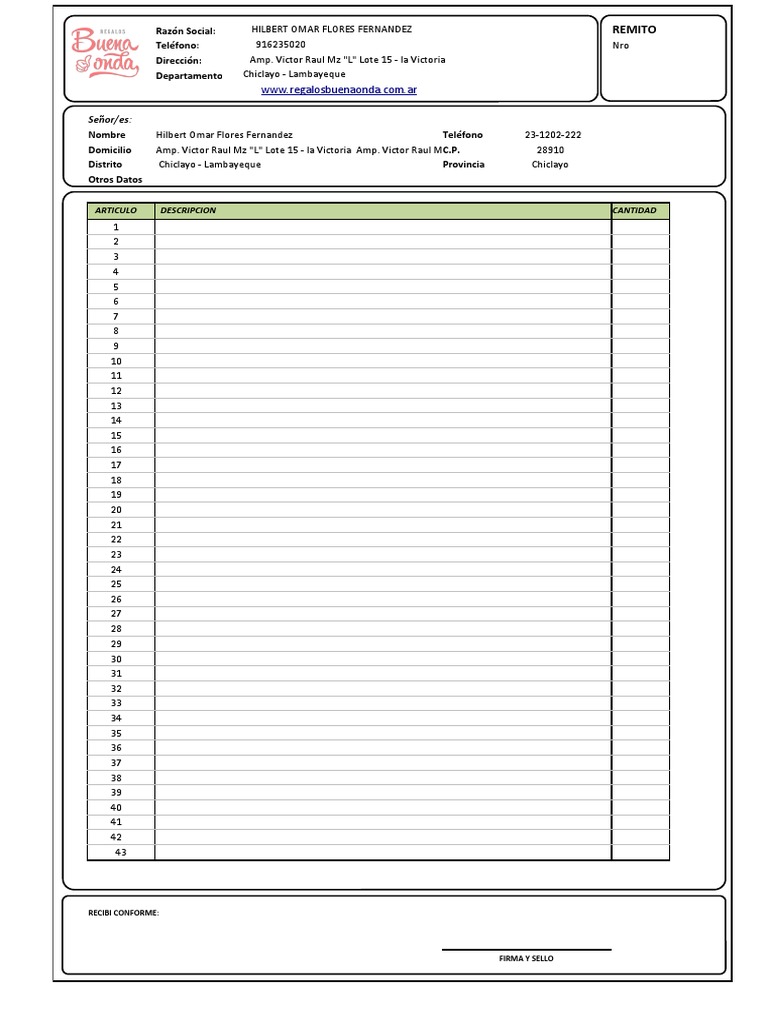 Planilla de Excel para Confeccion de Remito | PDF
