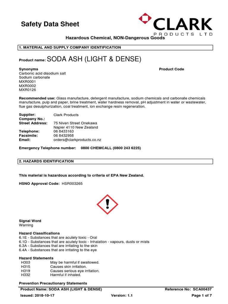 Soda Ash (Light & Dense) Referencia 3 | PDF | Dangerous Goods | Toxicity