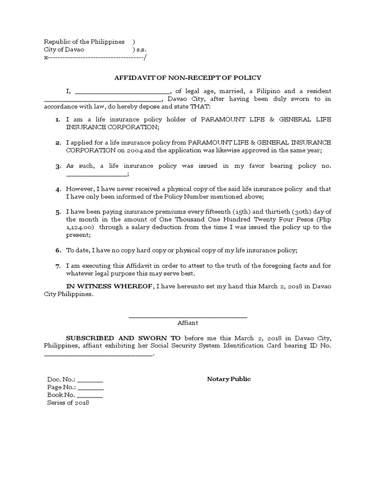 Affidavit of Non Receipt of Policy | PDF