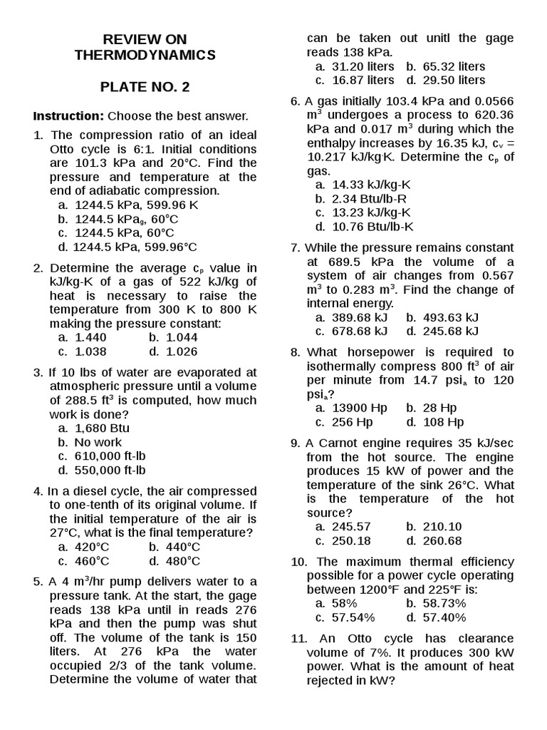 Review On Thermodynamics Plate No. 2: Instruction: Choose The Best ...