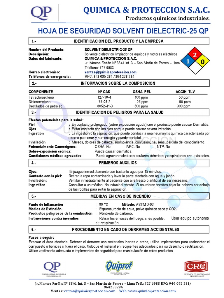 MDSD Hoja de Seguridad Solvent Dielectric-25 QP Hs-Quimica | PDF | Agua ...