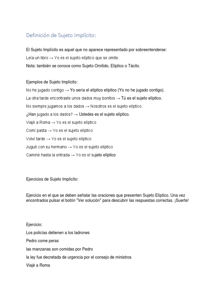 Sujeto Implícito y Explícito: Definición y Ejemplos | PDF | Asunto (gramática) | Verbo