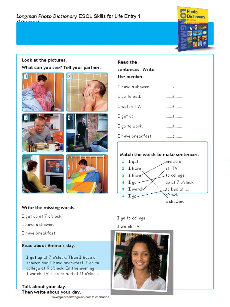 Daily Routine Worksheet ESOL Photo Dictionary | PDF | Lunch