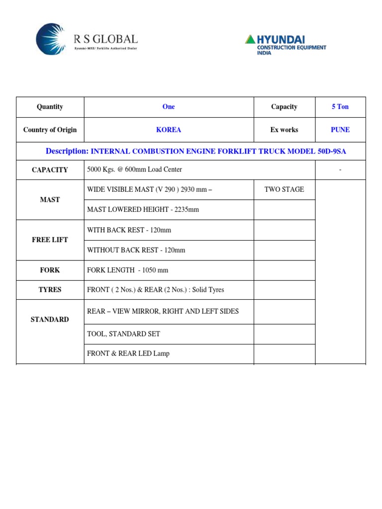 Specification 5 Ton V 290 Diesel Forklift | PDF