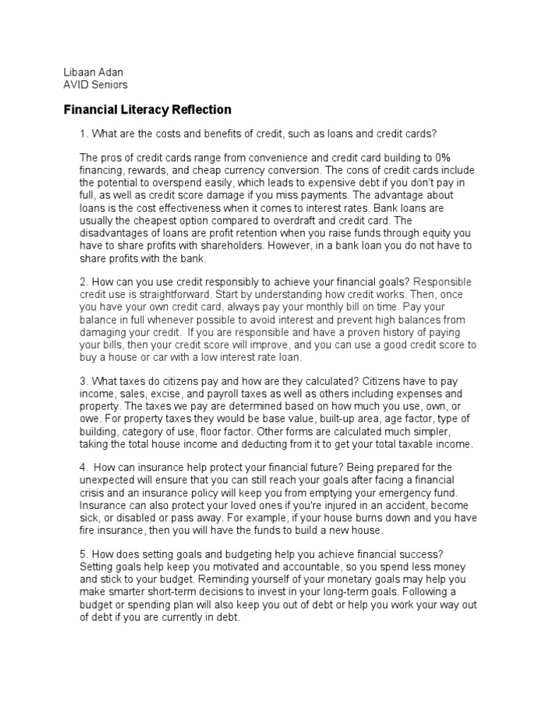 Financial Literacy Reflection | PDF | Finance & Money Management | Credit