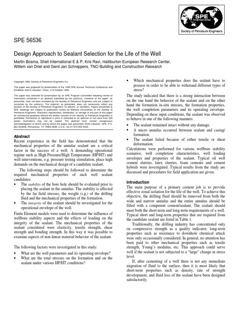 SPE 56536 Design Approach To Sealant Selection For The Life of The Well | PDF | Strength Of ...