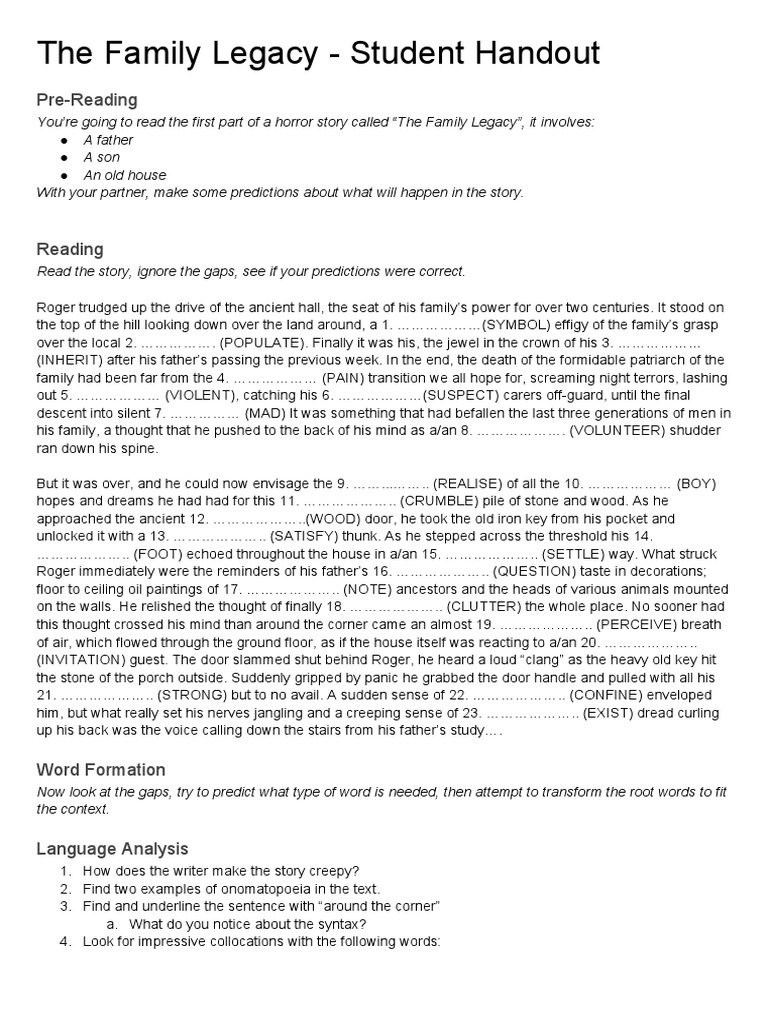 The Family Legacy - Student Handout: Pre-Reading | PDF | Language Arts ...