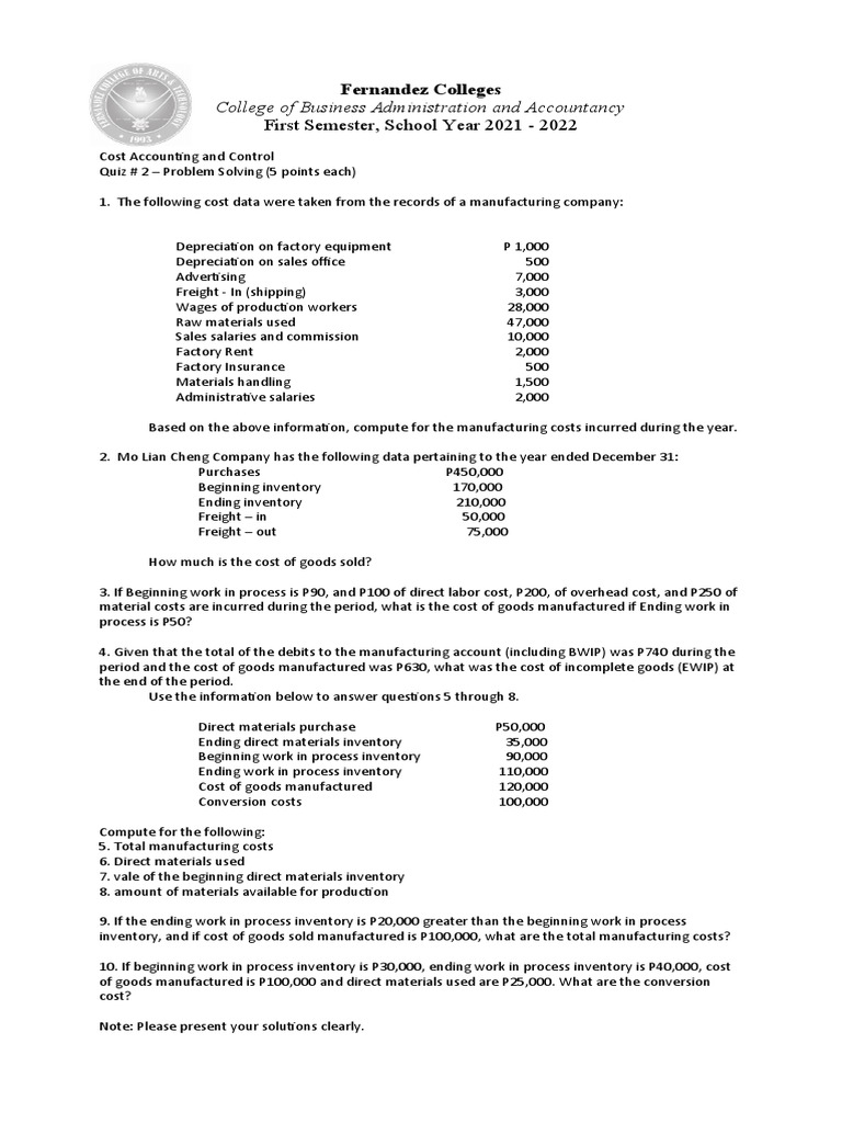 Problem Solving Quiz 1 | PDF | Inventory | Cost