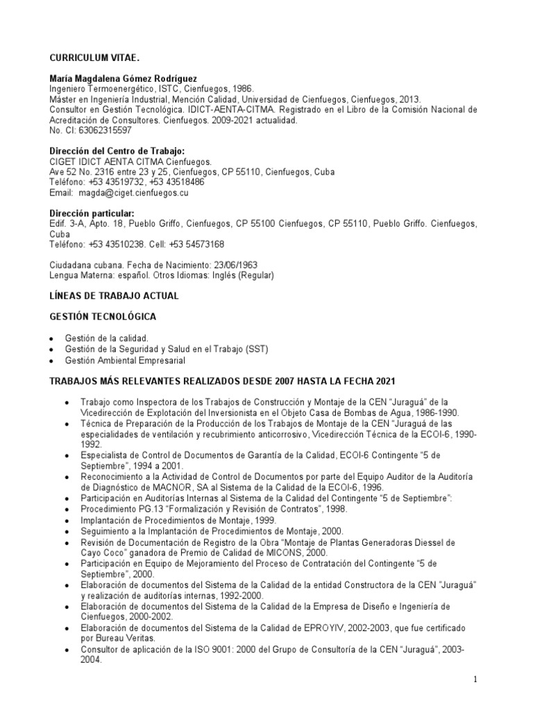 Curriculum Magda | PDF | Iso 9000 | Gestión energética