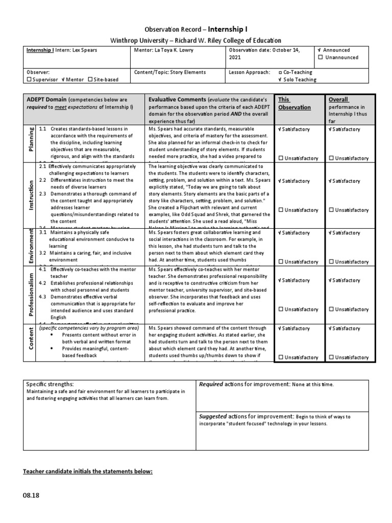 Internship I Observation Record Summary | PDF | Learning | Mentorship
