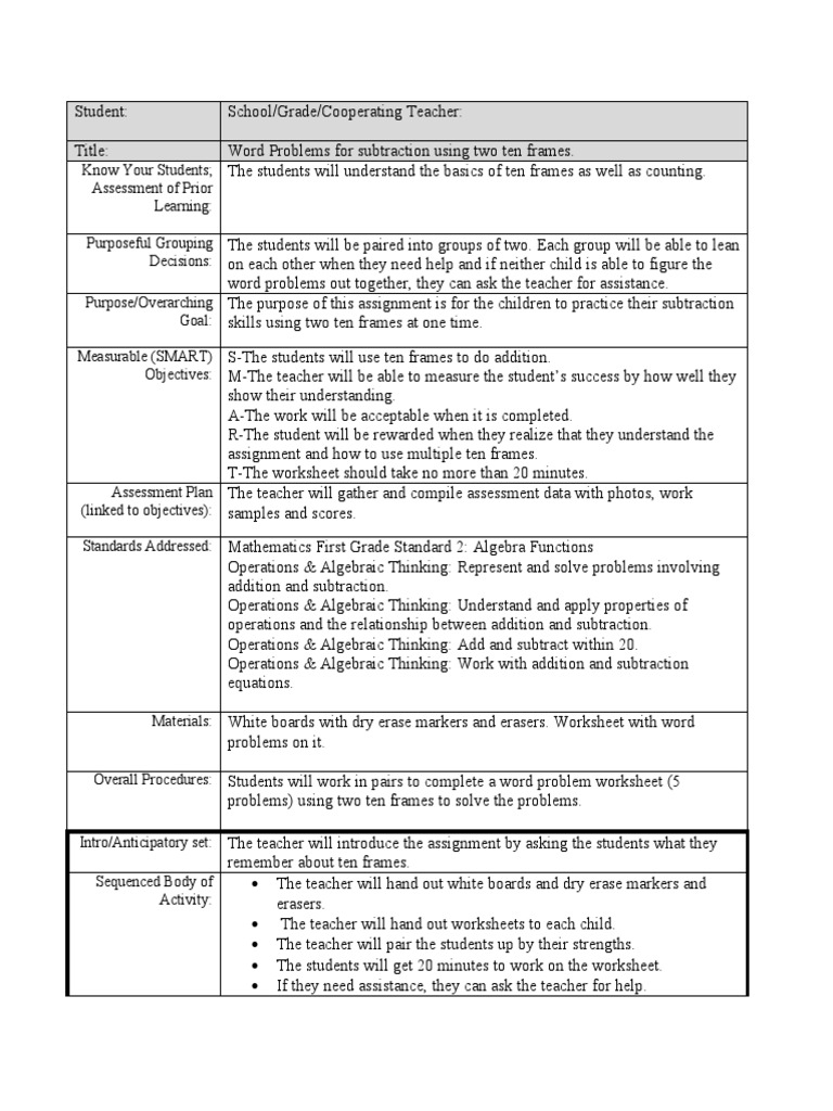 Ten Frames Subtraction Lesson Plan | PDF | Educational Assessment | Algebra