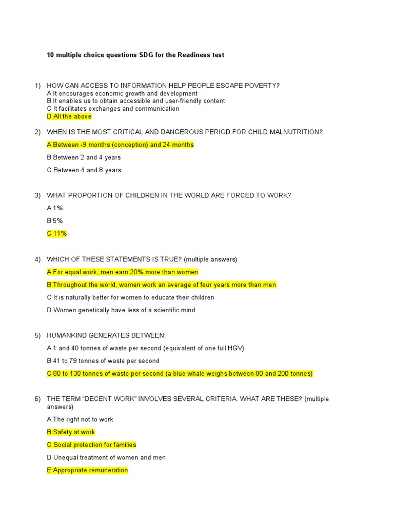 Multiple Choice Questions SDG For Readiness Test | PDF | Poverty ...