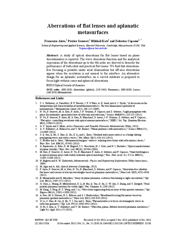 Capasso - Aberrations of Flat Lenses and Aplanatic Metasurfaces | PDF ...
