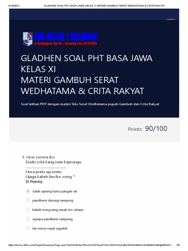 Gladhen Soal PHT Basa Jawa Kelas Xi Materi Gambuh Serat Wedhatama & Crita Rakyat | PDF