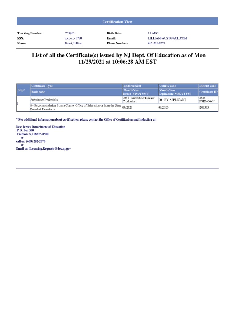 NJ Substitute Teacher Certification Status | PDF