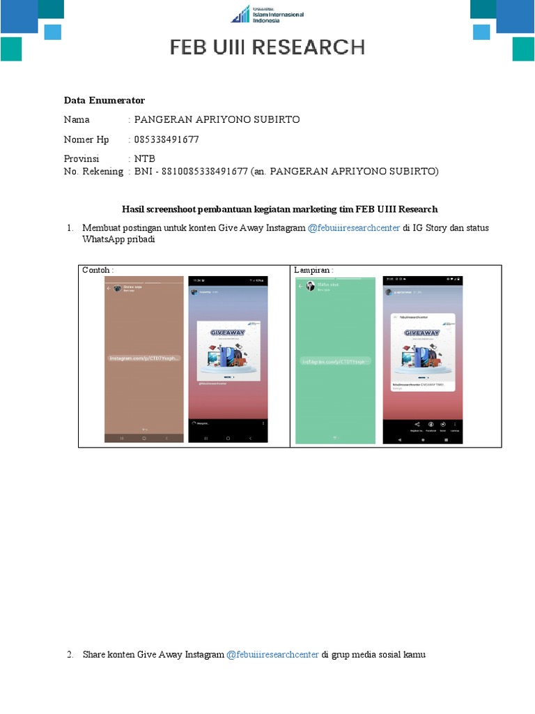 Laporan Enumerator - Pangeran Apriyono Subirto (NTB) | PDF