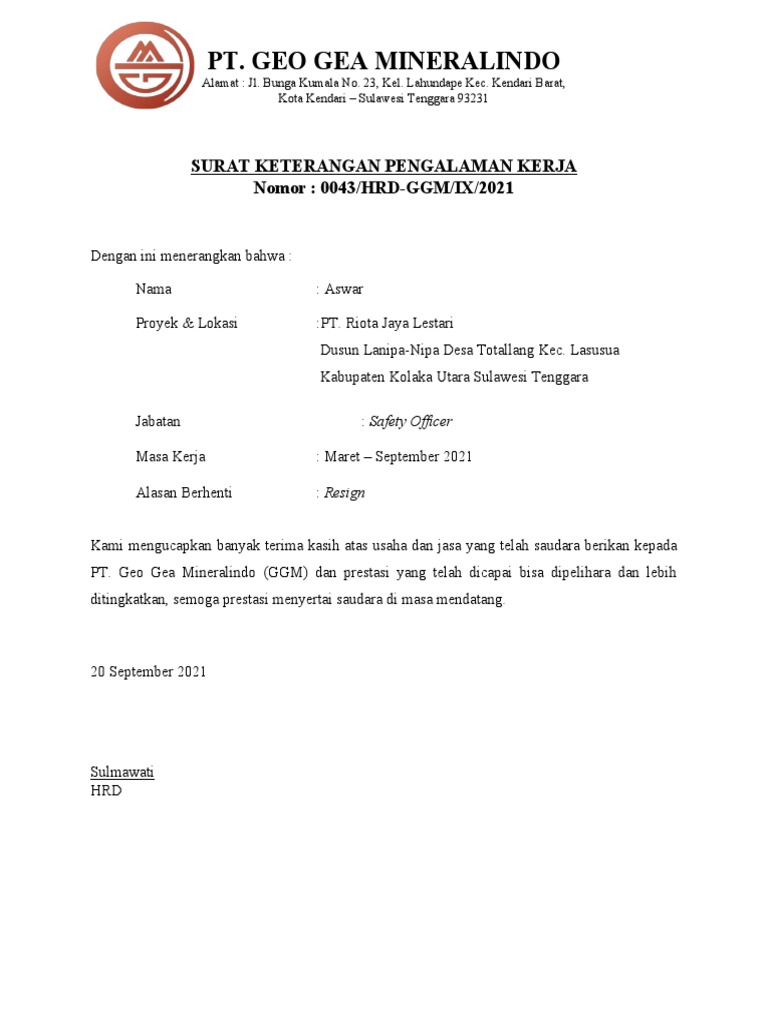 Surat Keterangan Pengalaman Kerja | PDF