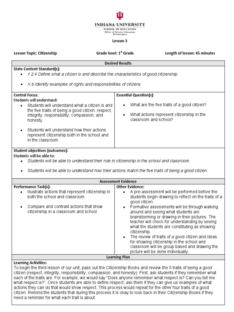 First Grade Citizenship Lesson Plan | PDF | Classroom | Cognition