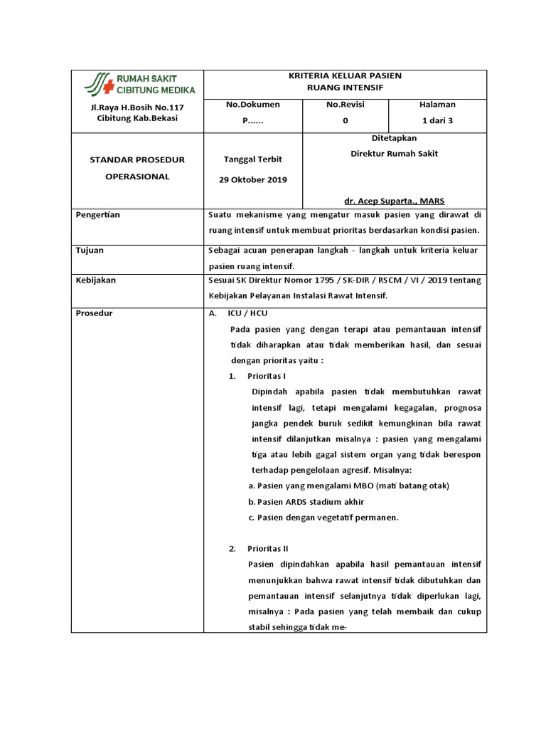 Spo Kriteria Keluar Ruang Intensif | PDF