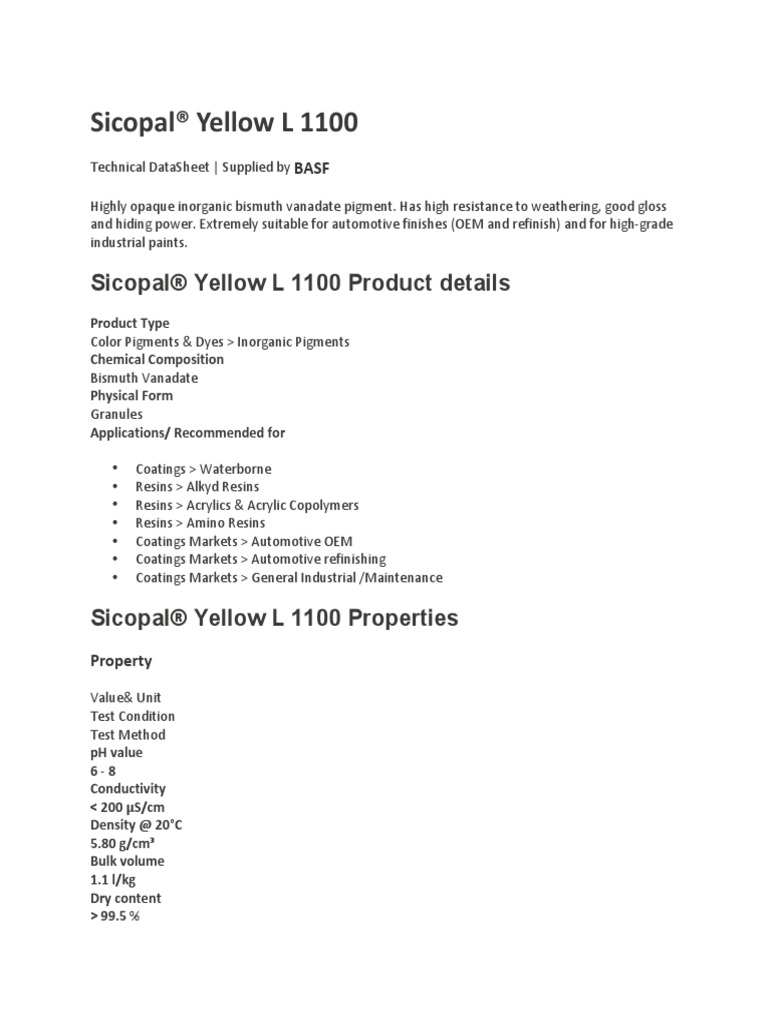 Sicopal® Yellow L 1100 Product Details | PDF