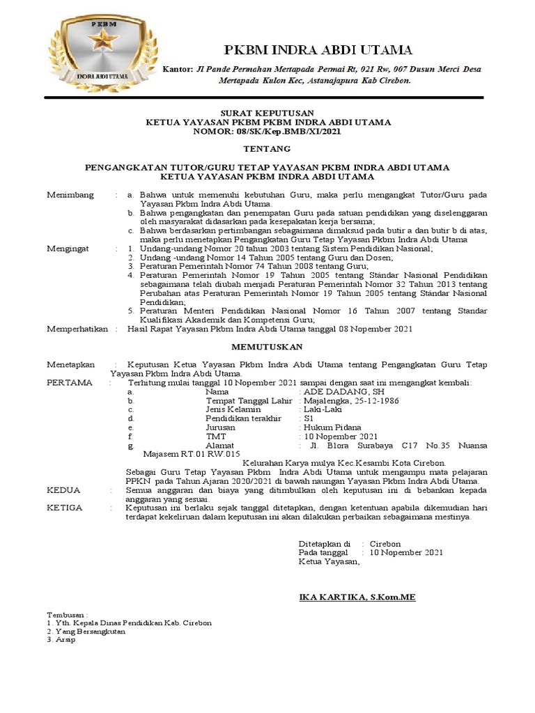 Format SK Guru Atau Tutor Ade Dadang | PDF