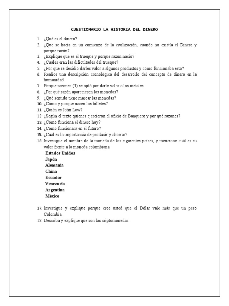 Cuestionario La Historia Del Dinero | PDF | Dinero | Criptomoneda