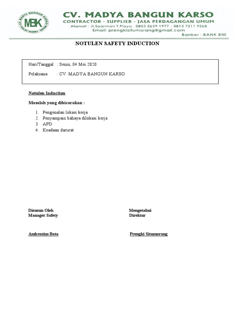 Notulen Safety Induction | PDF