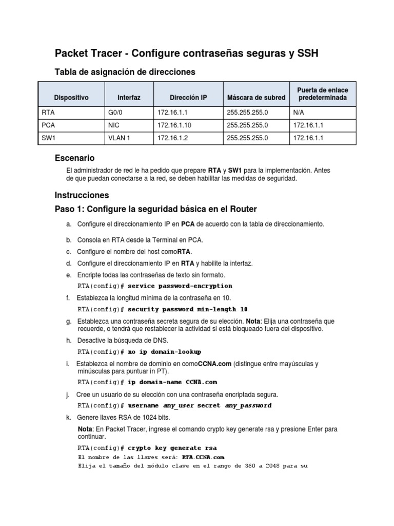 Packet Tracer Configure Contraseñas Seguras Y Ssh Pdf Dirección Ip Contraseña