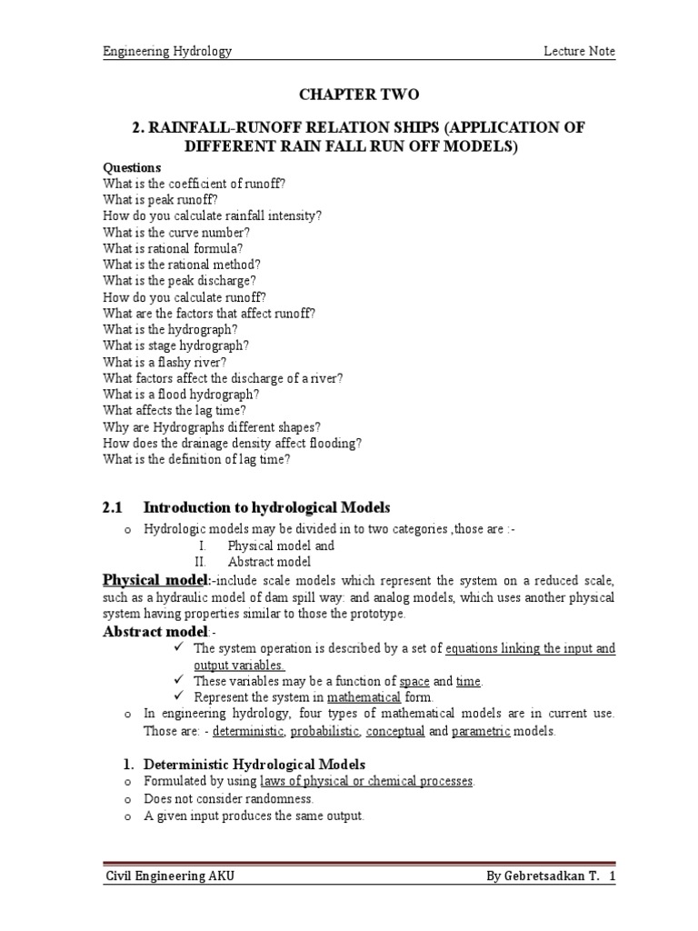 Chapter Two 2. Rainfall-Runoff Relation Ships (Application of Different ...