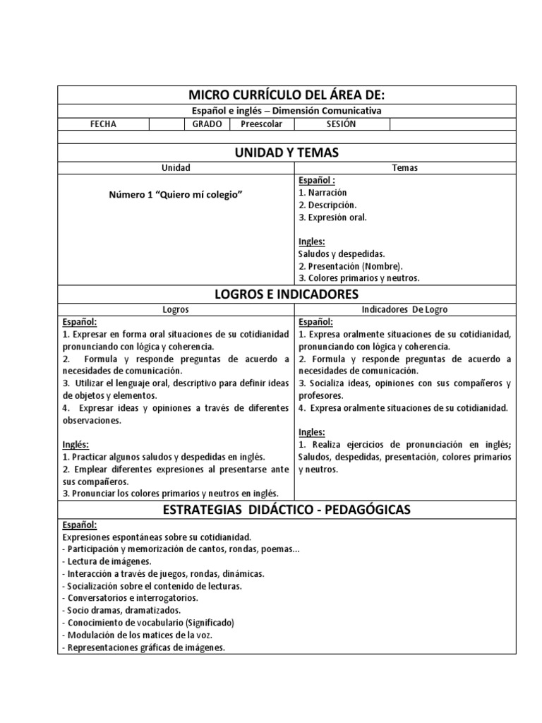 MICRO CURRÍCULO DEL ÁREA DE - Español e Inglés Dimensión Comunicativa ...