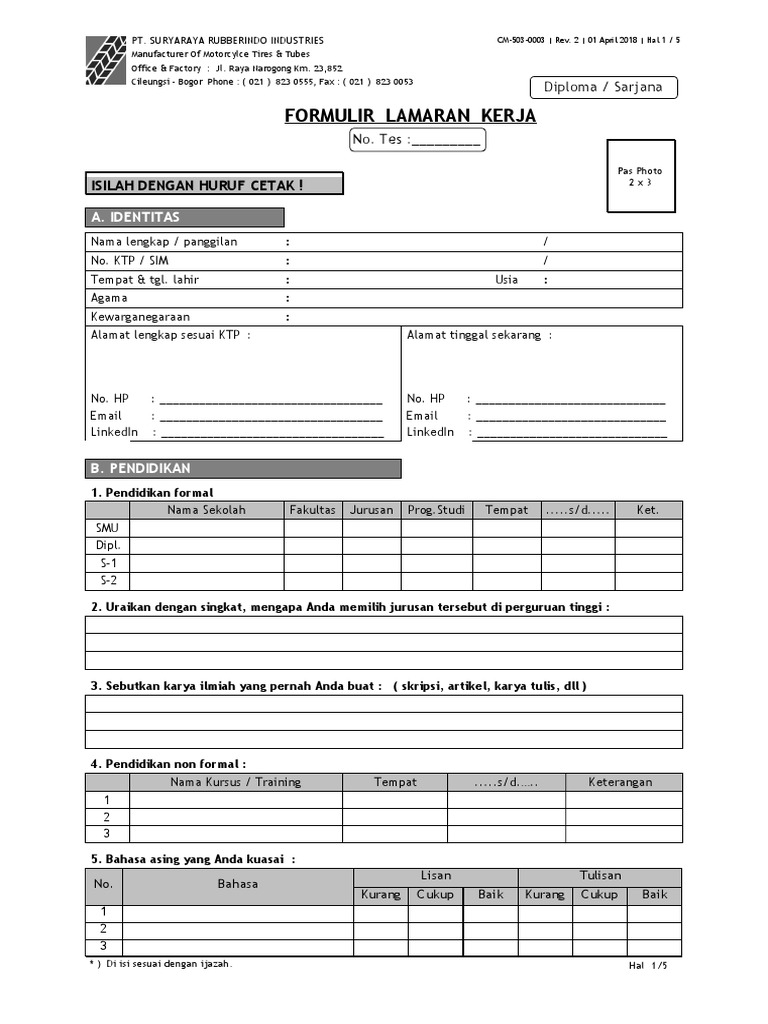 Formulir Lamaran Kerja: Isilah Dengan Huruf Cetak ! | PDF
