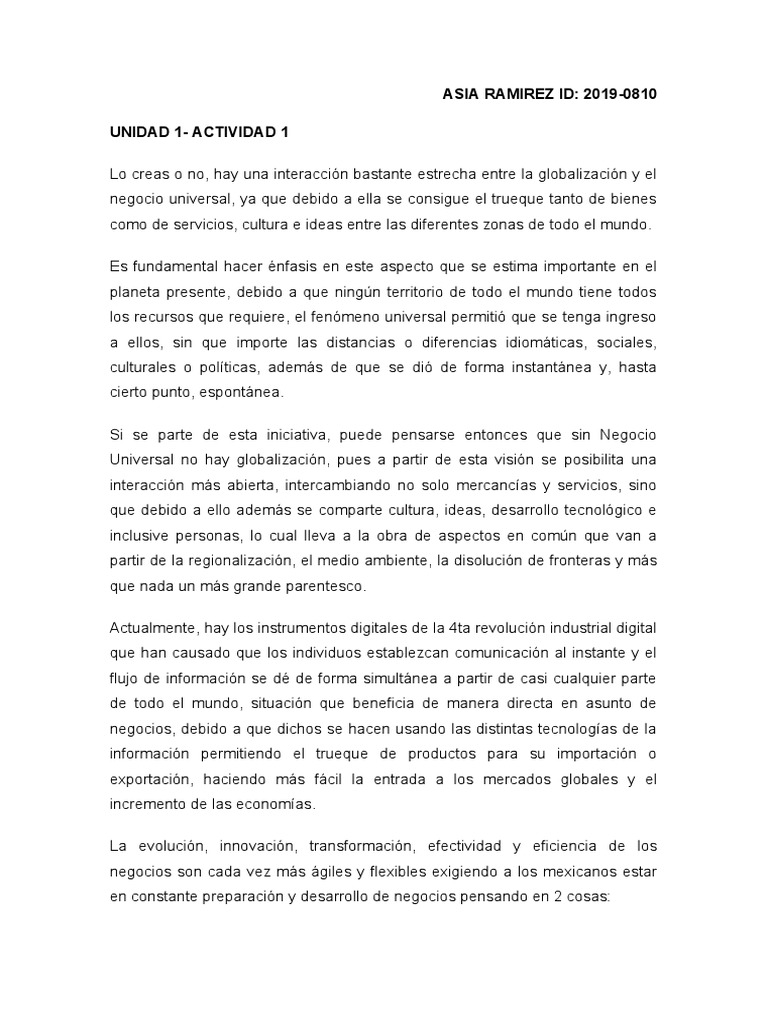 ASIA RAMIREZ ID: 2019-0810 Unidad 1-Actividad 1 | PDF | Globalización ...