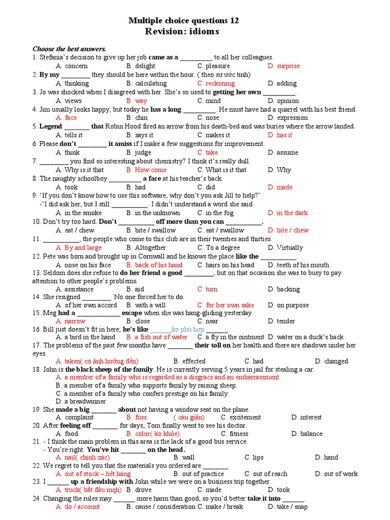 Revision: Idioms: Multiple Choice Questions 12 | PDF