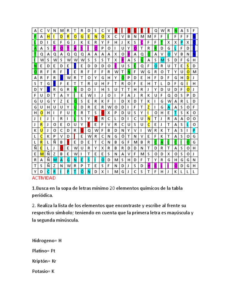 SOPA DE LETRAS ELEMENTOS QUIMICOS (Autoguardado) | PDF | Química ...
