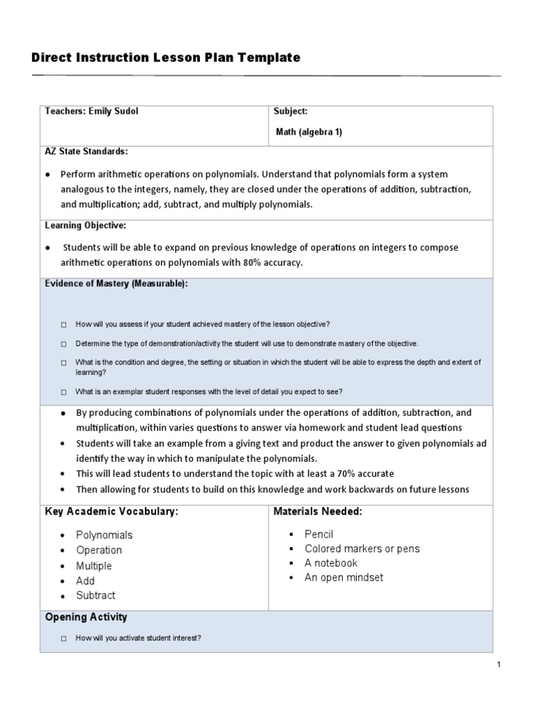 Polynomials Operations Lesson Plan | PDF | Lesson Plan | Multiplication