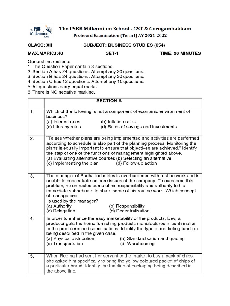 STD 12 BST Pre Board Set I QP (21-22) Final | PDF | Marketing | Sales