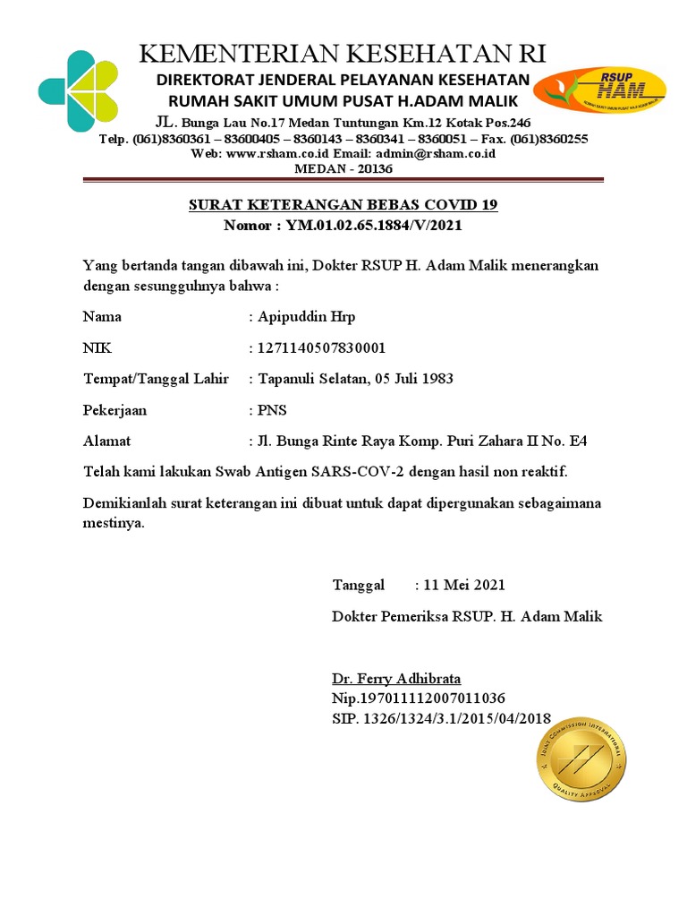 Surat Keterangan Bebas Covid 19 Apip | PDF