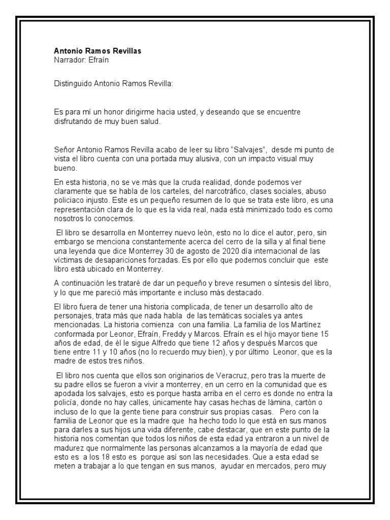Carta A Antonio Ramos Revillas Sobre Salvajes Pdf Novela Negra