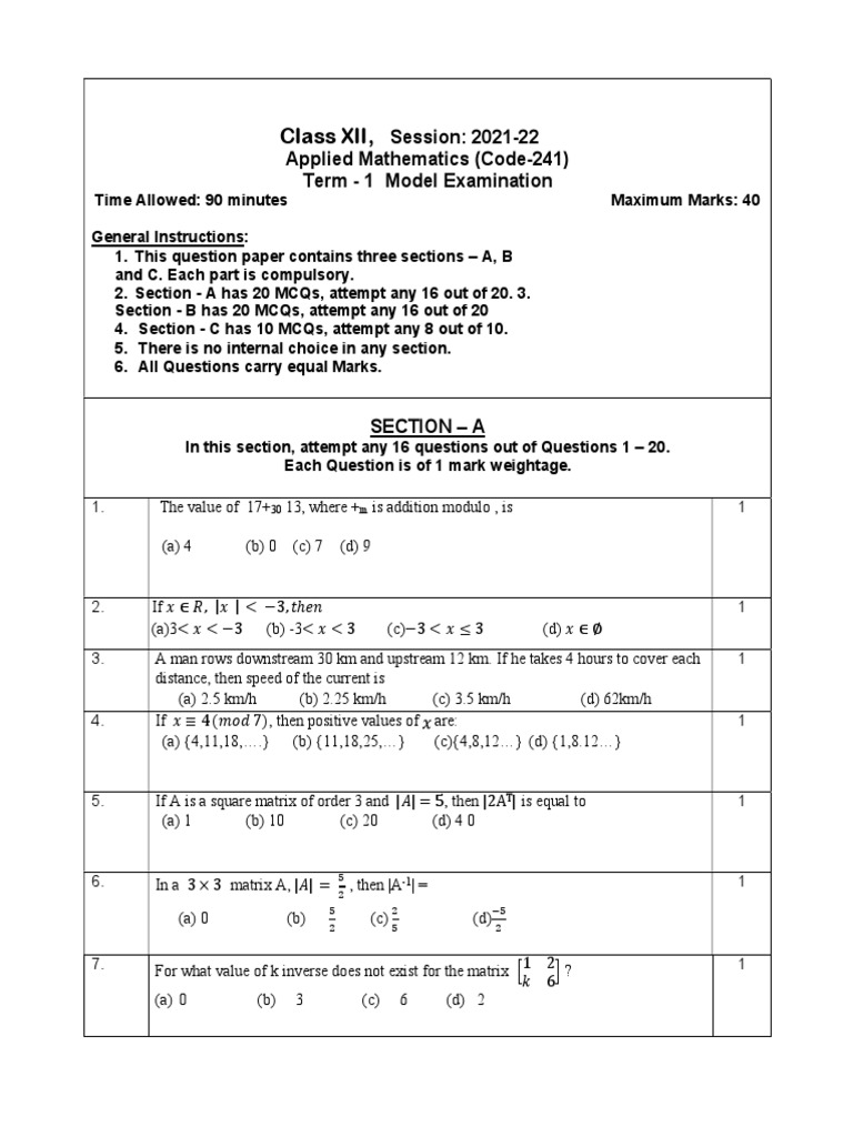 Class 12 Applied Mathematics | PDF | Mean | System Of Linear Equations