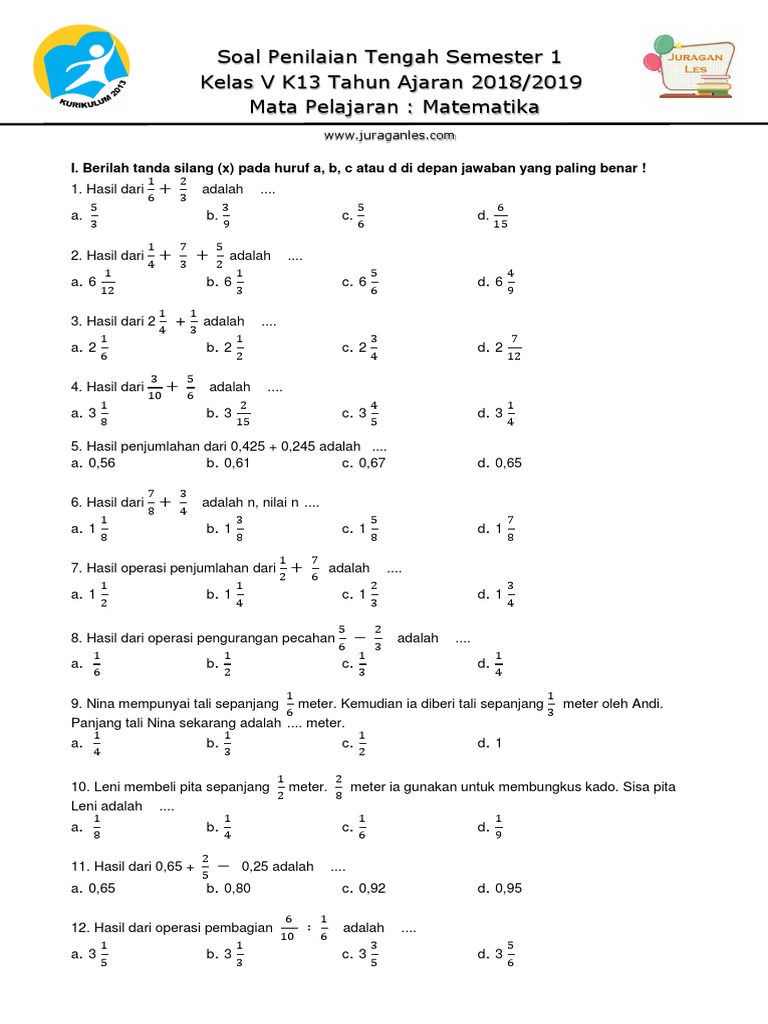 Soal PTS Matematika Kelas 5 Semester 1 K13 Tahun 2019-2020 | PDF | Metode & Bahan Ajar