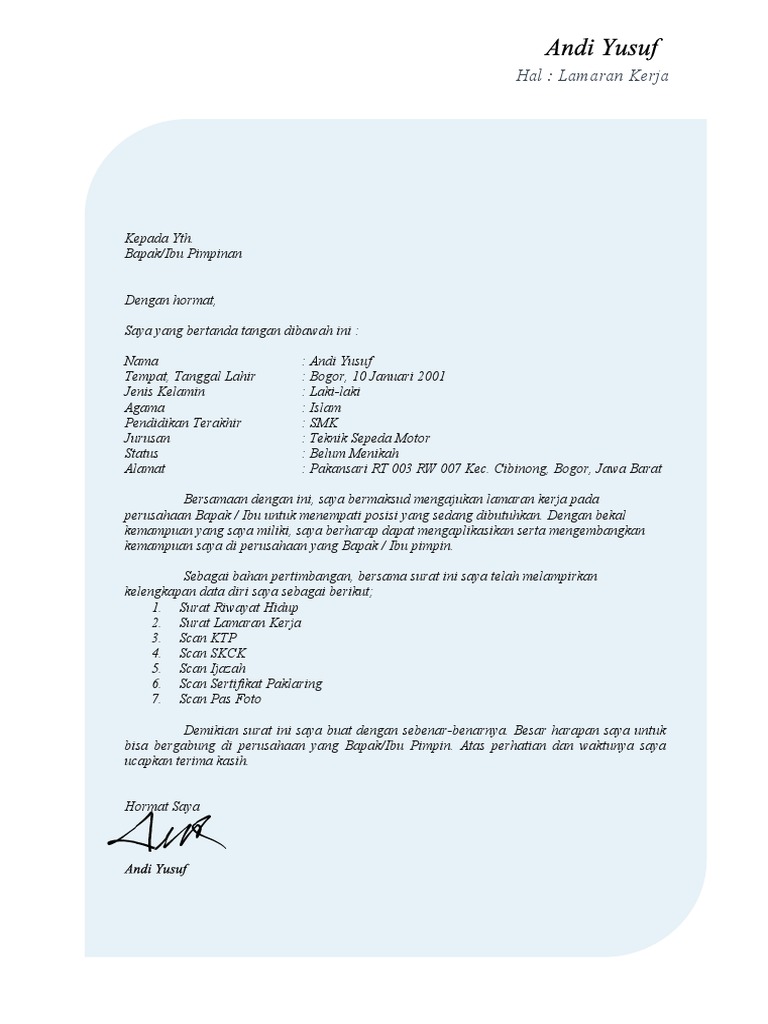 Lamaran Kerja Andi Yusuf untuk Posisi Teknik | PDF