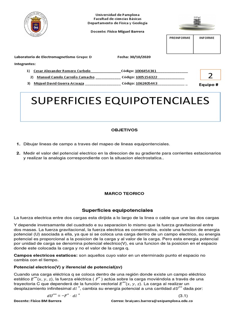 Informe Superficies Equipotenciales | Descargar gratis PDF | Energía potencial | Campo eléctrico