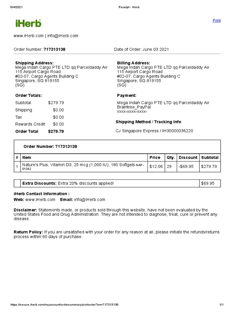 Receipt - IHerb 2 | Download Free PDF | Receipt