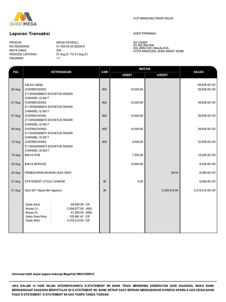 Laporan Setoran Overbooking Bank Mega | PDF